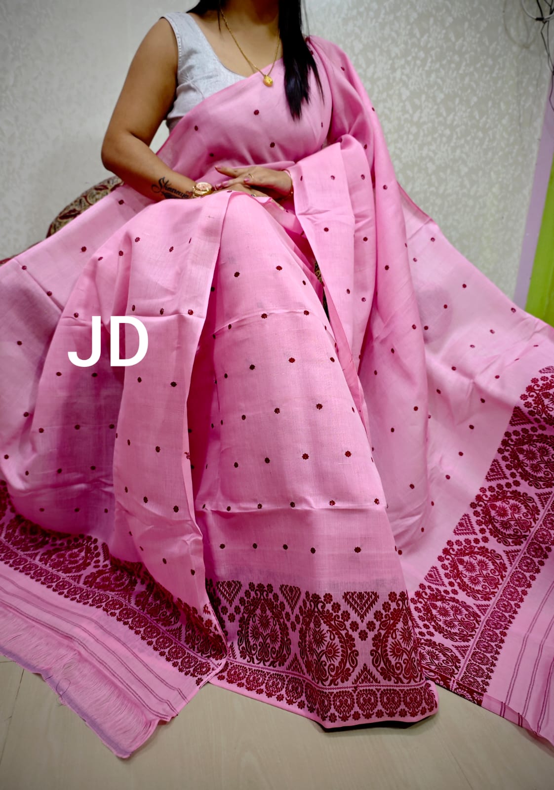 Pure nooni cotton mekhela chador in light pink colour
